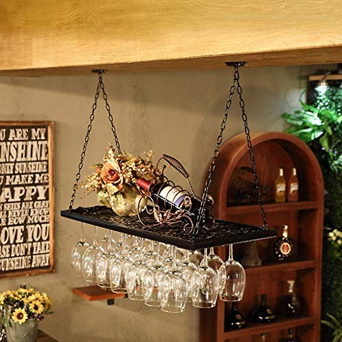 Iron Hanging Wine Glass Racks, Vineyard Chain Adjustable Ceiling Mounted Hanging Stemware Holder Wine Glass Hanger Wine Glass Organizer Rack J1028, PIBM, Black, 100cm