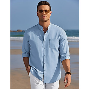 COOFANDY Mens Cotton Linen Mandarin Collar Shirts Long Sleeve Button Down Chambray Shirt Sky Blue