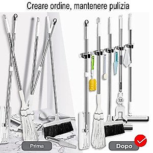 3 Racks and 4 Hooks Broom and Mop Holder Wall Mounted Garage Organizer Storage Tool Racks Stainless Steel Heavy Duty Hooks Self Adhesive Solid Non-slip Wall Hangers for Home Kitchen Garden Laundry