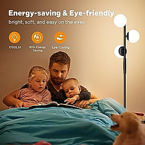 SIBRILLE LED Floor Lamp for Bedroom, 3 Globe Bright Standing Lamp with Remote Control, 4 Color Temperaure Dimmable Modern Bedroom lamp for Living Room Home Office, 24W, Black