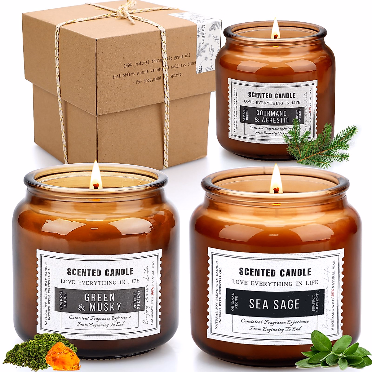 [300H, 46.5oz] Candles for Home Scented, 3 Pack Large Jar Soy Candles, Sage Candles, Aromatherapy Candles Set for Stress Relief, Candles for Men & Women, Glass Amber Jar Candles