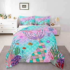 Erosebridal Twin Comforter Set for Girls, Mermaid Twin Bedding Sets for Girls Kids Toddler Ocean Fish Scales Quilt Rainbow Bedding Coastal Nautical Sea Animal Duvet Insert Teal Pastel Pink Room Decor