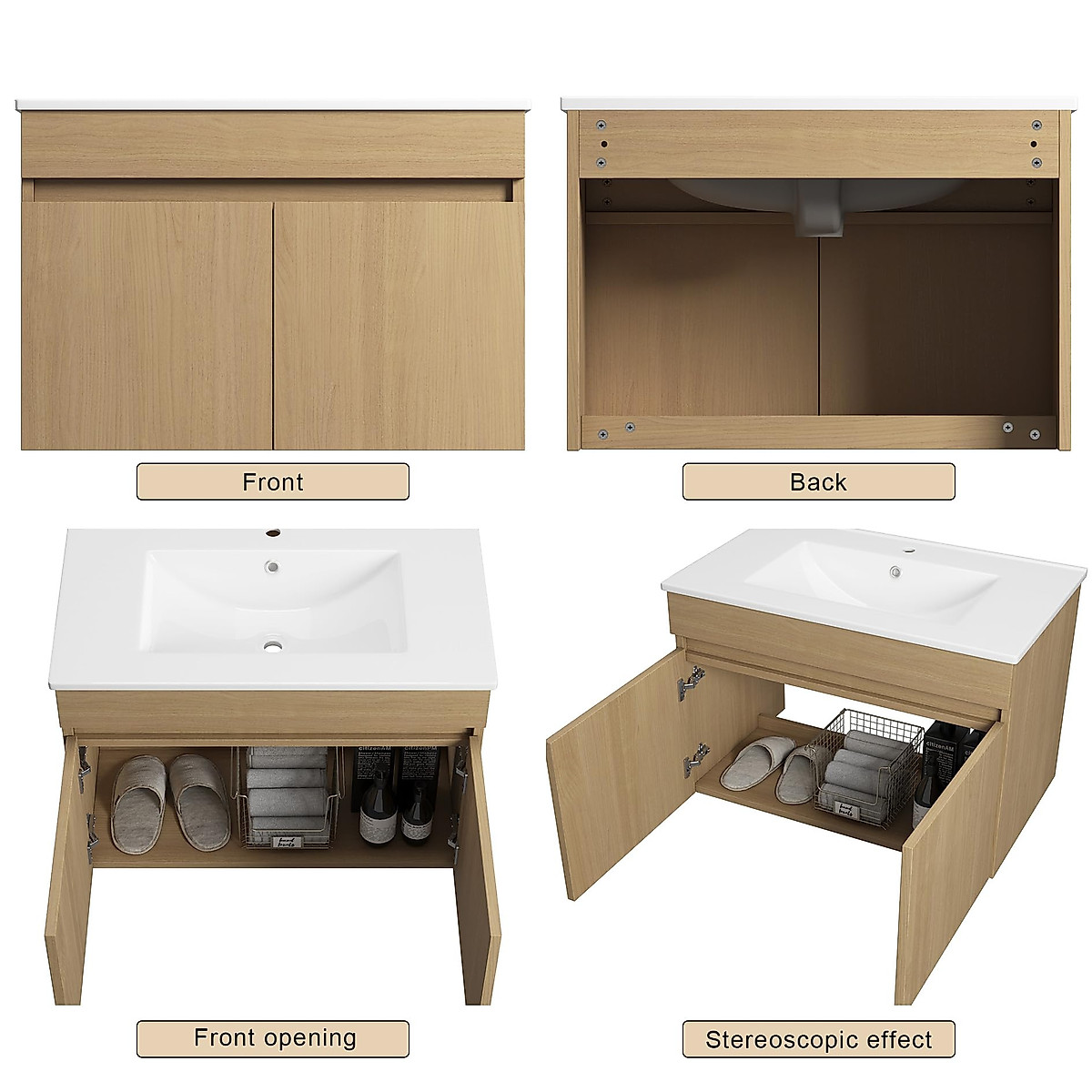 SSLine Modern 30" Floating Bathroom Vanity with Sink Wall Mounted Bathroom Vanity with Top Basin & Storage Cabinet Wood Hanging Vanity w/Ceramic Sink for Small Bath Powder Room (Light Oak)