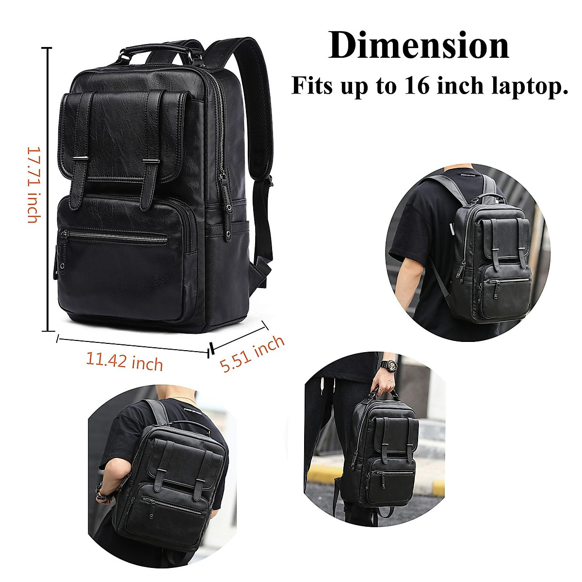 CHAO RAN Leather Travel Laptop Backpack For Men Fit 15.6 Inch Notebook Black Water Resistant Carry On Backpack Vintage Large College School Bag