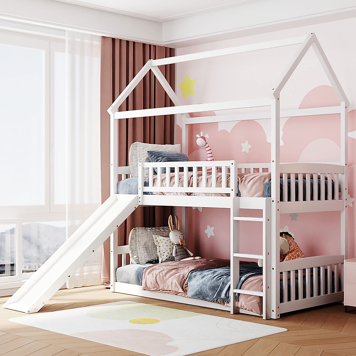 LostCat Twin Over Twin Bunk Bed with Slide, House Shaped Solid Pine Wood Bed Frame w/Safety Guardrail & Ladder, No Box Spring Needed, Save Space Design, for Kids, Teens, Girls, Boys, White