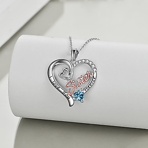 POTOPYY Gifts for Sister Sterling Silver Sister Necklace March Birthstone Pendant, I Love You Forever Necklace Sister Jewelry Gifts for Sisters Women Friend Birthday Christmas Mothers Day, 18+2 Inch