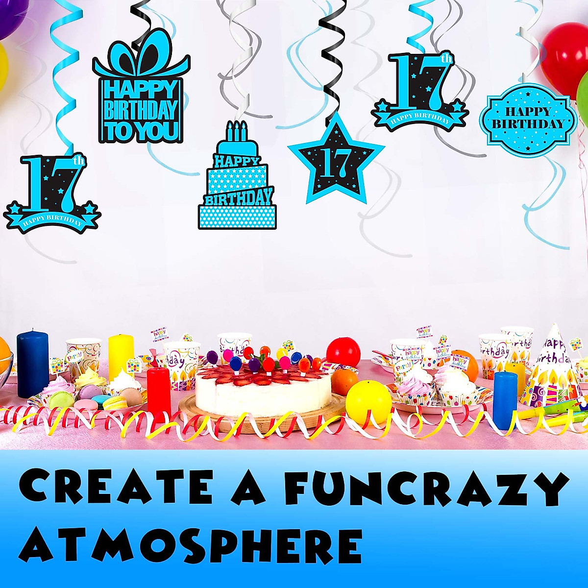 Happy 17th Birthday Hanging Swirls Stars Confetti Cheers to 17 Years Old Bday Hello 17 Theme Decorations Ceiling Hanging Sign Decor for Boys Girls 17th Birthday Party Supplies Navy Blue and Black