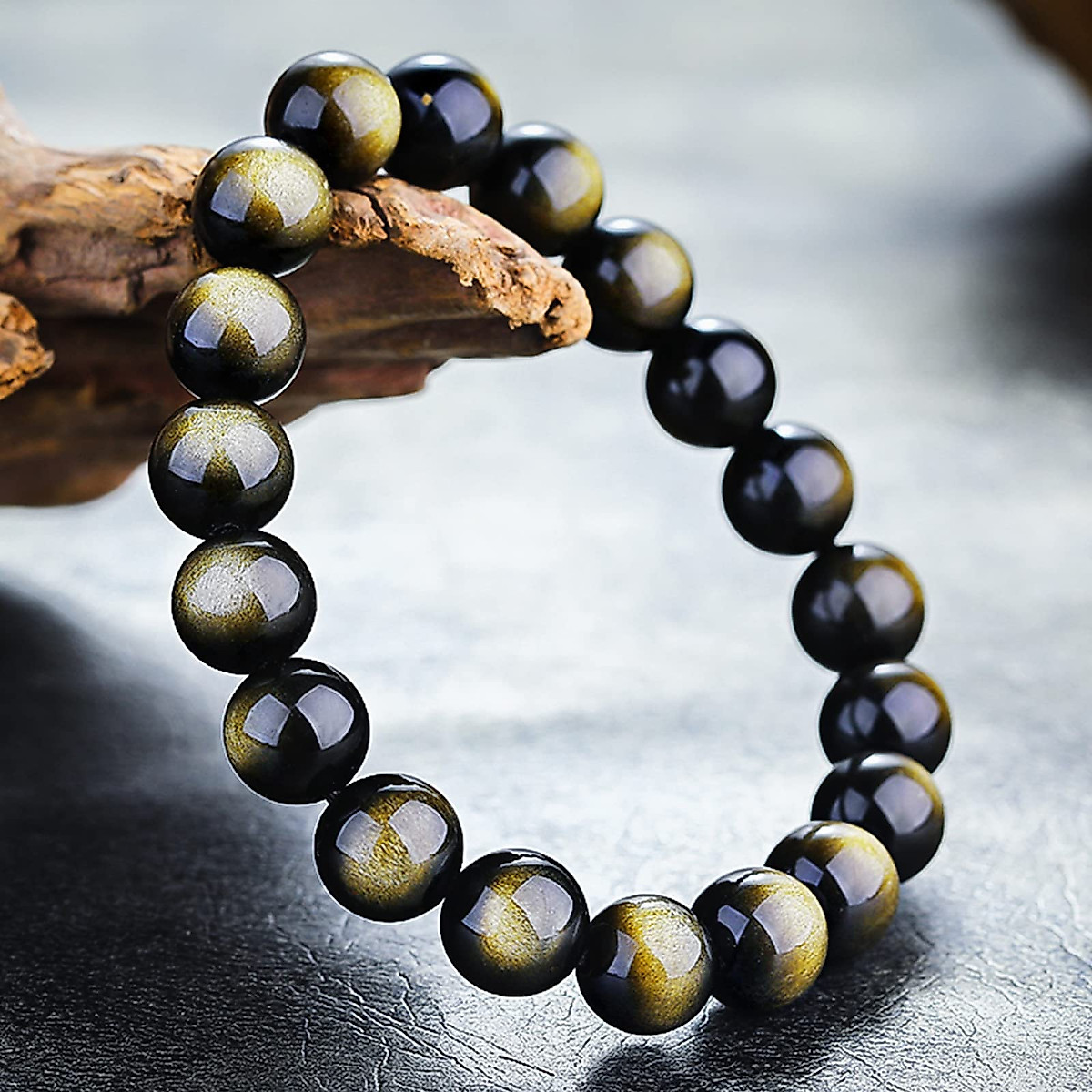 YANYUNZHUBAO Natural Black Obsidian Bracelet Healing Crystals Jewelry Volcanic Rock Stone Ward Off Evil Spirits (Gold, 10MM)