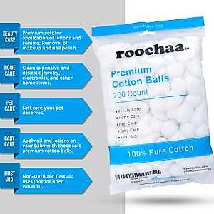 Premium Cotton Balls (200 Count) Absorbent Natural Cotton Balls for Skincare and Makeup Removal, Hypoallergenic Soft and Multi-Purpose for Applying Oil, Lotion, Powder, and for Baby Care