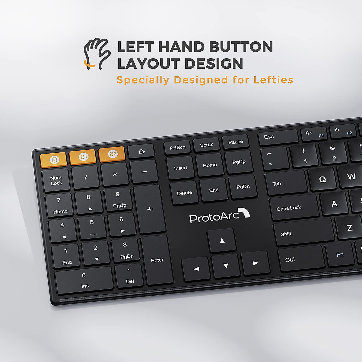 ProtoArc 2.4G Wireless Left-Handed Keyboard, XK21 Bluetooth Ultra-Thin Keyboard, Rechargeable Silent Keyboard with Three Multi-Device, Windows/Mac/Android, Black