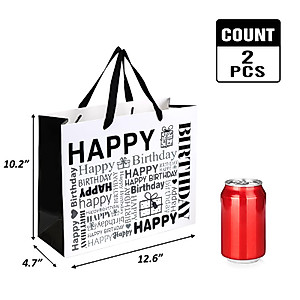 Moretoes 2 Pack White and Black Large Gift Bag with Card and Tissue Paper, Happy Birthday Gift Bags for Men Women, 12.6" x 10.25" x 4.7"