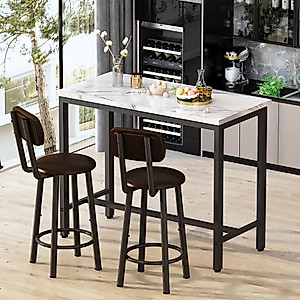 AWQM Bar Table Set of 2,39.3" Faux Marble Table Top & 2 PU Upholstered Stools with Backrest,3 Piece Industrial Pub Height Table Set,for Living Room,Kitchen,Bar,White & Black & Brown