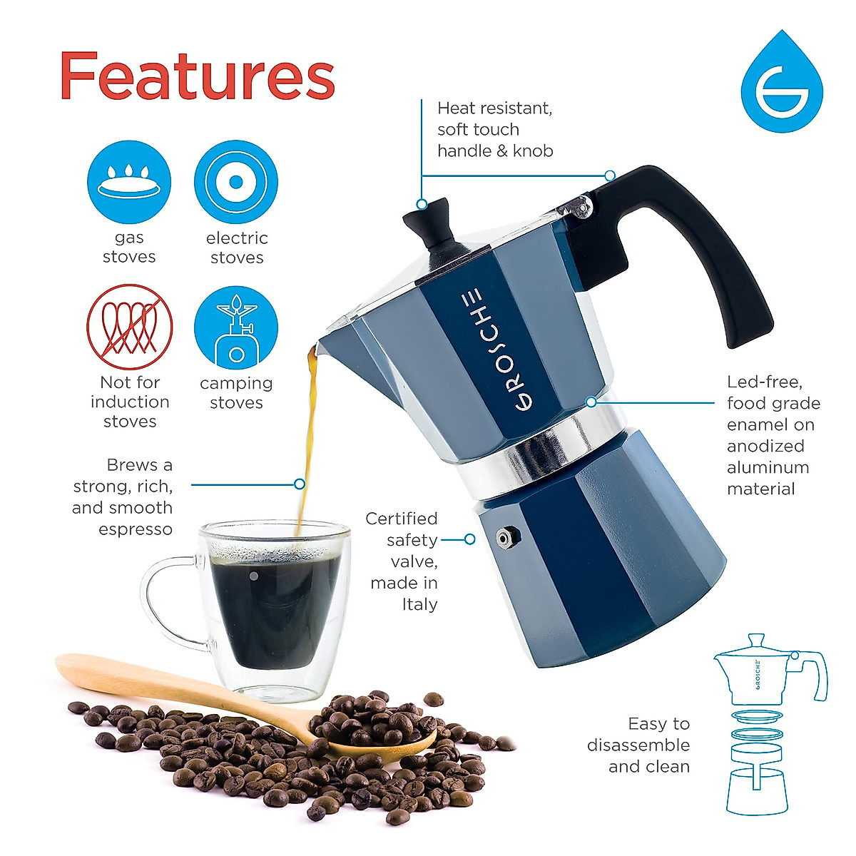 GROSCHE Milano Stovetop Espresso Maker Moka pot 6 espresso Cup - 9.3 oz, Blue and 3 Replacement Seals Gaskets Bundle Stove top coffee maker Moka Italian espresso coffee maker and replacement gaskets