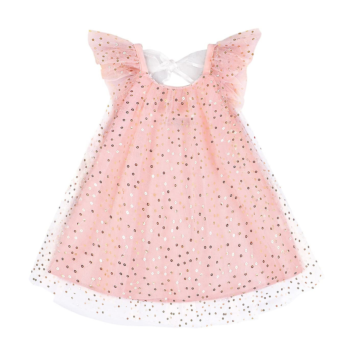 AGQT Toddler Girls Tulle Tutu Dress Flutter Sleeve Sequin Layered Summer Babydoll Birthday Tea Party Gowns Baptism Christening Pageant Sundress Pink-Sequin Dot Size 12-24 Months