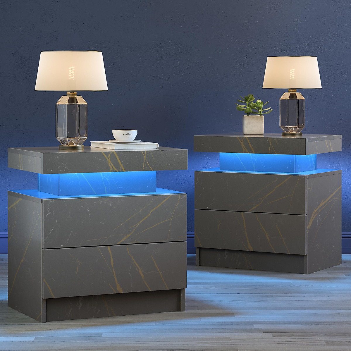 Cubehom LED Nightstands Set of 2, Modern End Table with 2 Drawers, End Tables for Living Room Bedroom Grey