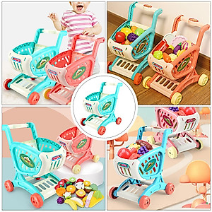 Toyvian Kids Shopping Cart Food Shopping Trolley Basket Plastic Supermarket Handcart for Kids Toy Shop Kitchen Play Educational Toy Blue