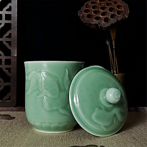 Handmade Celadon Coffee Mug Tea cup with Lid 13oz Porcelain Milk Cup Embossed with Goldfish Ceramic Microwave and Dishwasher Safe (Green)