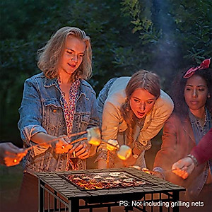32in Firepit with Spark Screen,Square Firepit with Waterproof Cover, Poker,3 in 1 Patio Firepit Table BBQ Garden Stove for Outside Wood Burning and Drink Cooling