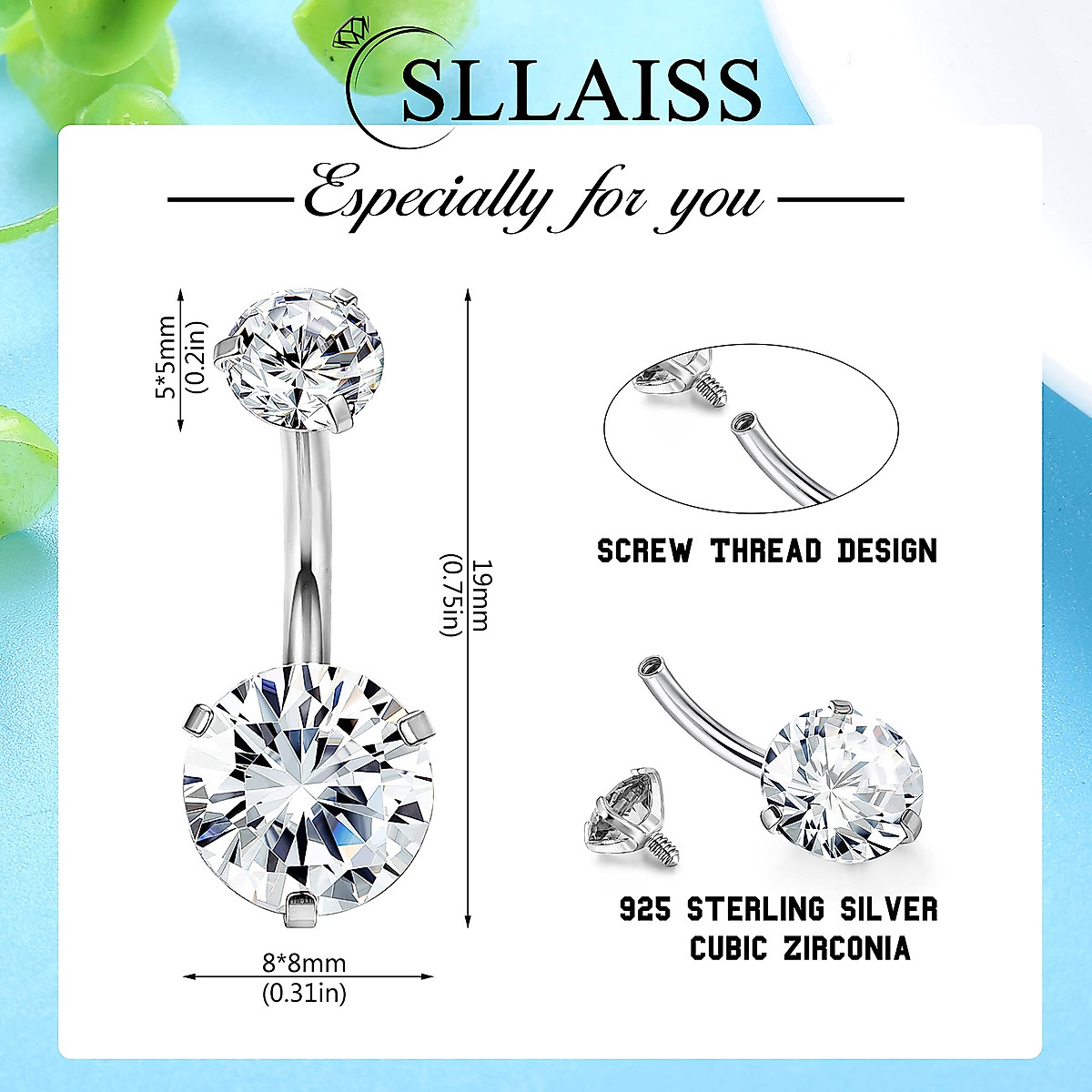 Sllaiss 925 Sterling Silver Belly Button Rings for Women Men 14G Austria Crystals Studs Piercing Screw Navel Bars Body Piercing Jewelry
