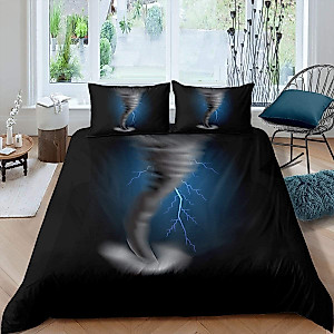 Erosebridal Tornado Comforter Cover Queen Size Lightning Bedding Set Dark Cloud Natural Disaster Duvet Cover Horror Theme Quilt Cover, Print Room Decorative 3 Pcs for Kid Boy Men, Black