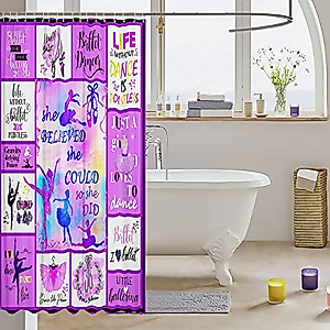 Girls Ballet Shower Curtain, Kids Ballet Dancer Bath Curtain Tie Dye Dancing Ballerina Bathroom Shower Curtains, Patchwork Plaid Dreamy Girly Cloth Fabric Bathroom Decor Set With Hooks, 72" W X 78" L
