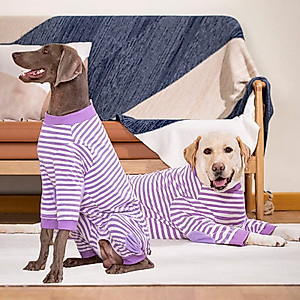 Large Dogs Pajamas, Stripes Cotton Stretchable Dog Jumpsuit, 4 Legs Lightweight Dog Onesie Pjs Clothes Apparel with Zipper Closer and Elbow Pads, Full Coverage Large Breed Dogs Anti-Shedding Suit