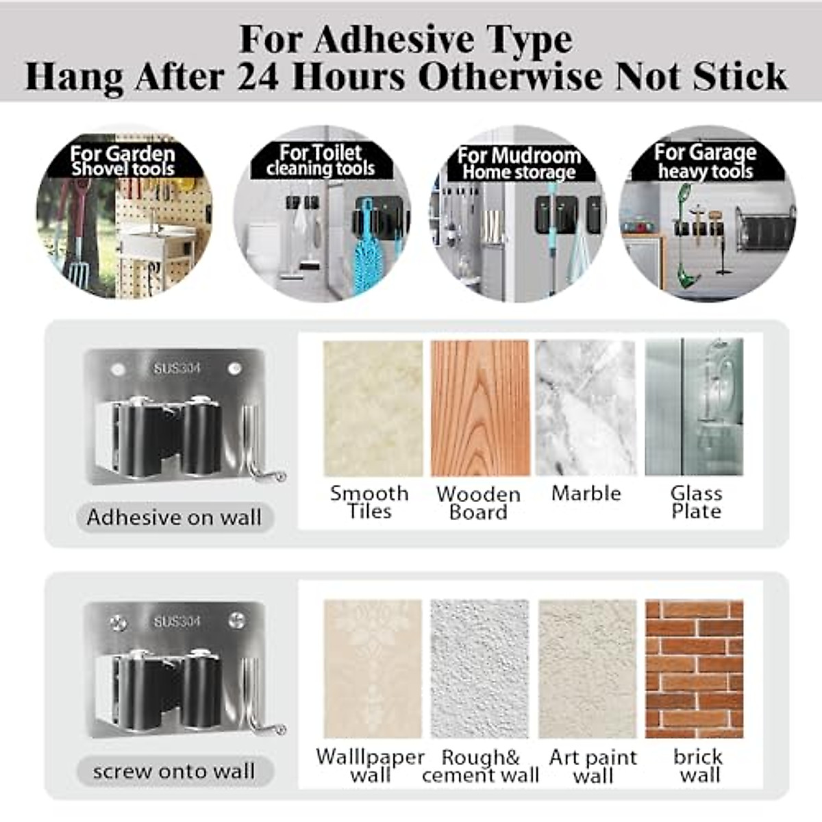 HAOYOWJY Mop and Broom Holder Wall Mount Stainless Steel 304 Tool Garage Organization Rack Screw and Self Adhesive Broom Hanger Heavy Duty 4pcs (4pcs，sliver)