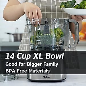 Magiccos 14-Cup Lemon Slicer Food-Processor - Large Feed Chute, 13 Speeds & Pulse, 3 Programs，Cheese Shredding, Cutting Fries, Meat Chopping, Shredding and Slicing, Mixing and Doughing, for Home Use