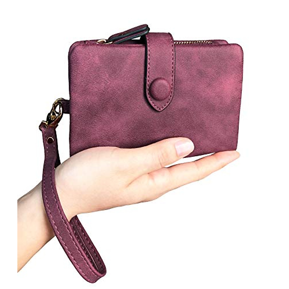 Womens Small Bifold Leather Wallets Rfid Ladies Wristlet with Card slots id window Zipper Coin Purse (Purple)