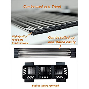 Cooktensil Roll Up Dish Drying Rack Stainless Steel Telescopic Over The Sink Drainer Extendable up to 22.8 inches (with Rectangle Basket)
