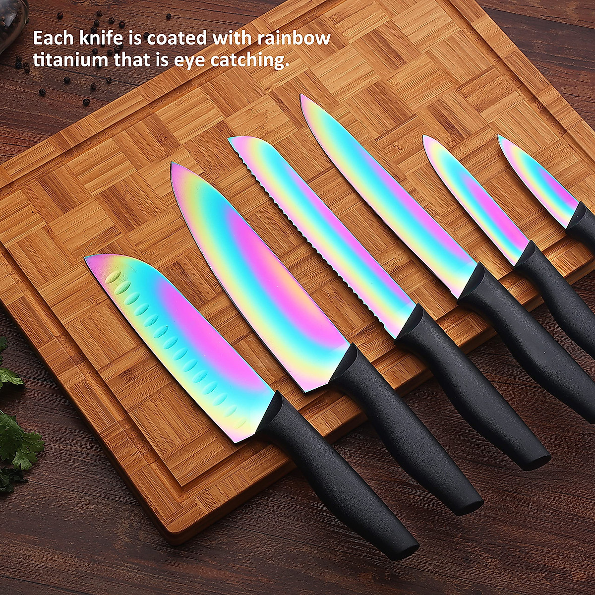 KYA36 Rainbow Titanium 12-Piece Stainless Steel Kitchen Knives Set with Sheath + Marco Almond KYA47 Rainbow Titanium Serrated Stainless Steel Steak Knives Set of 8