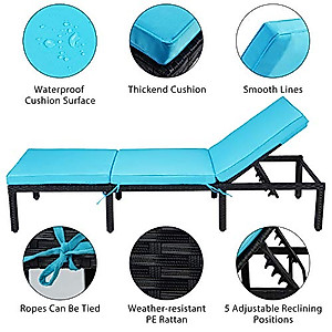 ECOTOUGE Patio Rattan Reclining Chaise Lounge Chair Set of 2, 5-Position Adjustable Heavy-Duty Wicker Chaise Lounge w/Backrest and Thick Zippered Cushion for Outside Poolside Garden Yard, Blue