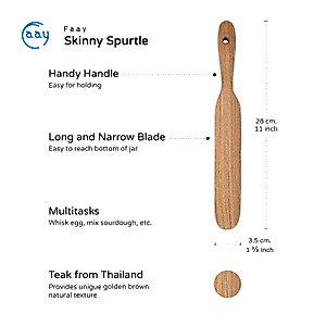 FAAY Skinny Spurtle for Sourdough Starter, Spreading, Cooking, Mixing, Reaching Bottom of Jar, Kitchen Utensils, 100% Healthy from High Moist Resistance Teak for Non Stick Cookware and Instant Pot