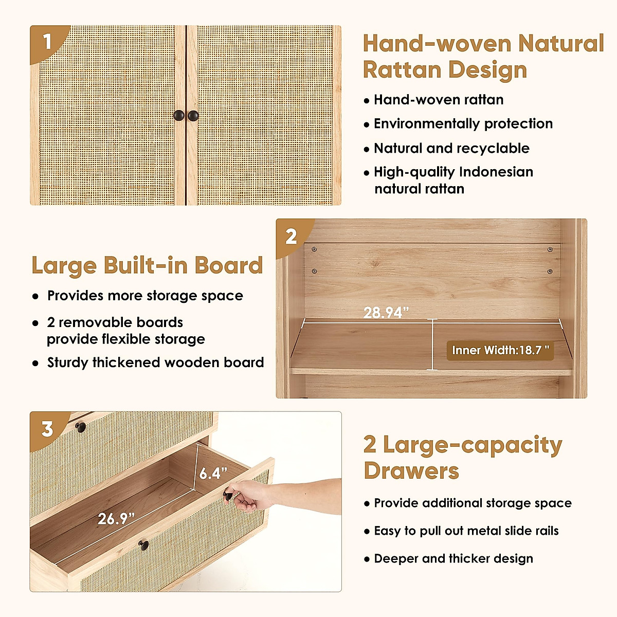 Brafab 74" Natural Rattan Woven Wardrobe Armoire Closet with Hanging Rod, Natural Wooden Armoires Storage Cabinet with Large Drawers and Adjustable Shelves, Tall Freestanding Wooden Closet for Bedroom