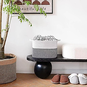 Poschnor 2 Pack Woven Rope Basket with Handles, 15''X10''X9'' Storage Bins Basket, Basket for gifts, Basket for Living Room, Storage Organizer for Towels, Closets, Books, Toys, Grey/White.