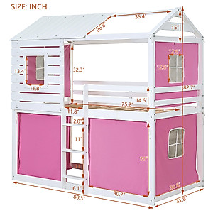 Merax Twin Over Twin Bunk Bed with Tent, Wood Twin Size House Bed Frame, Pink+White