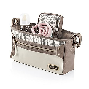 Itzy Ritzy Adjustable Stroller Caddy - Stroller Organizer Featuring Two Built-in Pockets, Front Zippered Pocket and Adjustable Straps to Fit Nearly Any Stroller, Vanilla Latte