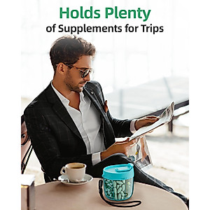 PULIV Portable Pill Dispenser Bottle, Vitamin Organizer with 7 Compartments, Holds Plenty of Supplements with Anti-Mixing & Wide Openings Design, Easy to Retrieve Meds, Includes 20 Pcs Labels Blue