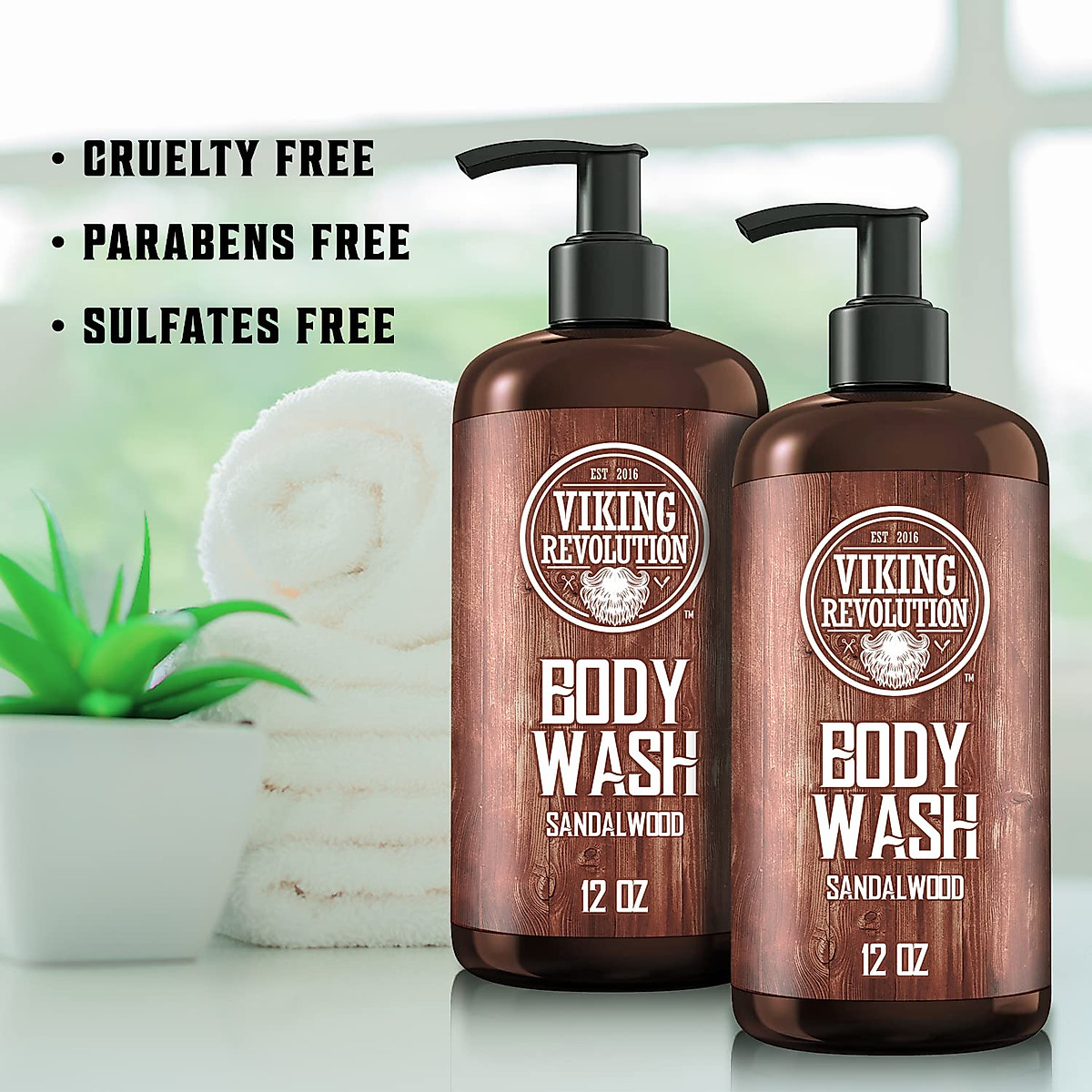 Viking Revolution Men's Body Wash - Sandalwood, Skin Cleaning Agent - Mens Natural Body Wash with Vitamin E and Rosemary Oil - Shower Gel Liquid Soap, 12 Fl Oz (Pack of 2)