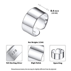 10mm 925 Sterling Silver Rings for Women Mens High Polished Plain Dome Eternity Band Adjustable Flat Wide Cuff Ring for Women Men