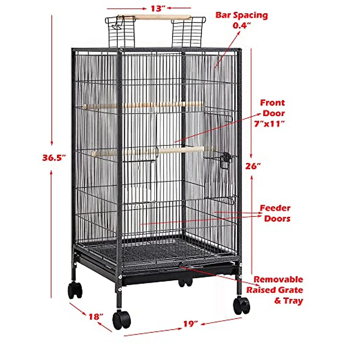 36.5-Inch Elegant Sturdy Wrought Iron Bird Flight Open Play Top Cage with Rolling Casters for Small-Sized Parrot Parakeets Cockatiels Budgies Parrotlets Lovebirds Canary