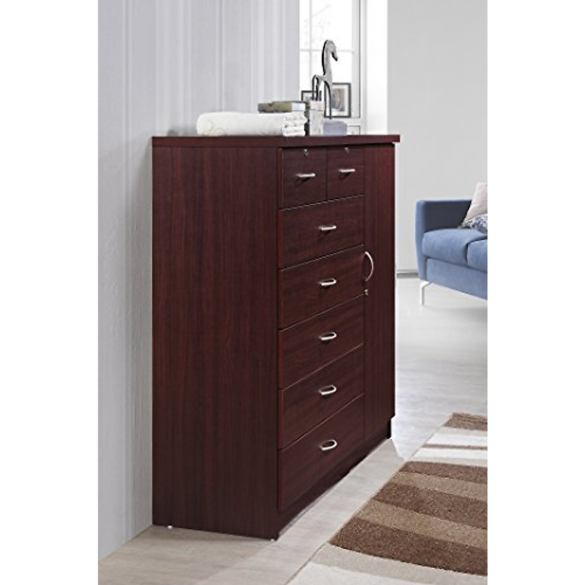Hodedah 7 Drawer Jumbo Chest, Five Large & Two Smaller Drawers with Two Lock, Hanging Rod, and Three Shelves | Mahogany, 17.76" D X 47.24" W X 48.39" H
