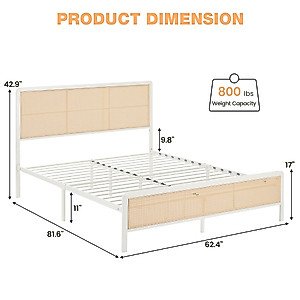 GarveeHome Queen Size White Rattan Bed Frame with LED Lights, Bed Frames with Rattan Headboard, Metal Rattan Platform with Under-Bed Storage, No Box Spring Needed, Noise Free