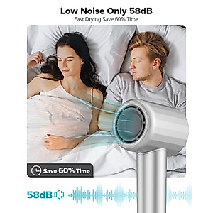 Fentgo Ionic Hair Dryer, High Speed Blow Dryer with 110, 000 RPM Brushless Motor for Fast Drying, Low Noise, Lightweight, Magnetic Nozzle, Thermo-Control Hairdryer for Women Home Travel (Grey)