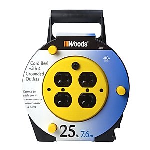 Woods 4907 Extension Cord Reel with 4-Outlets 16/3 SJTW and 12A Circuit Breaker; 25-Foot