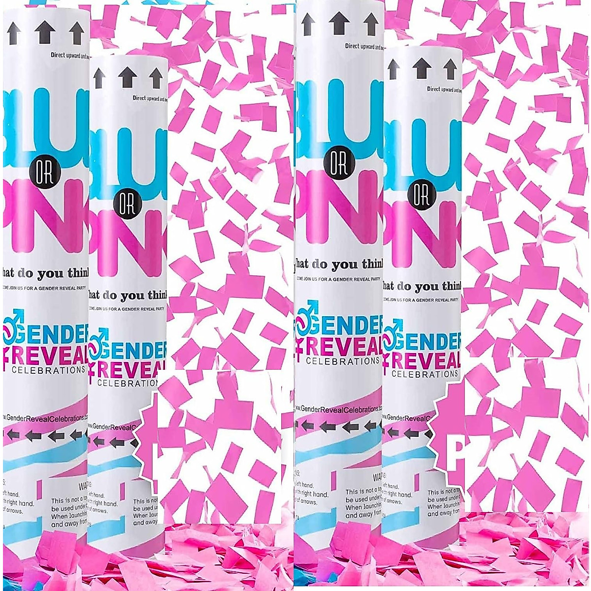 Tamsan Gender Reveal Cannons - Girl Surprise! Set of 4 Biodegradable Confetti, 12 Inches Pink Confetti Cannon, Easy to Use Indoor & Outdoor Gender Reveal Cannon with Matching Stickers