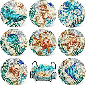 UPINS 8Pcs Diamond Painting Coasters for Drinks DIY Coaster Diamond Art Kits for Adults Kids Beginners Diamond Art Craft Supplies (Ocean)