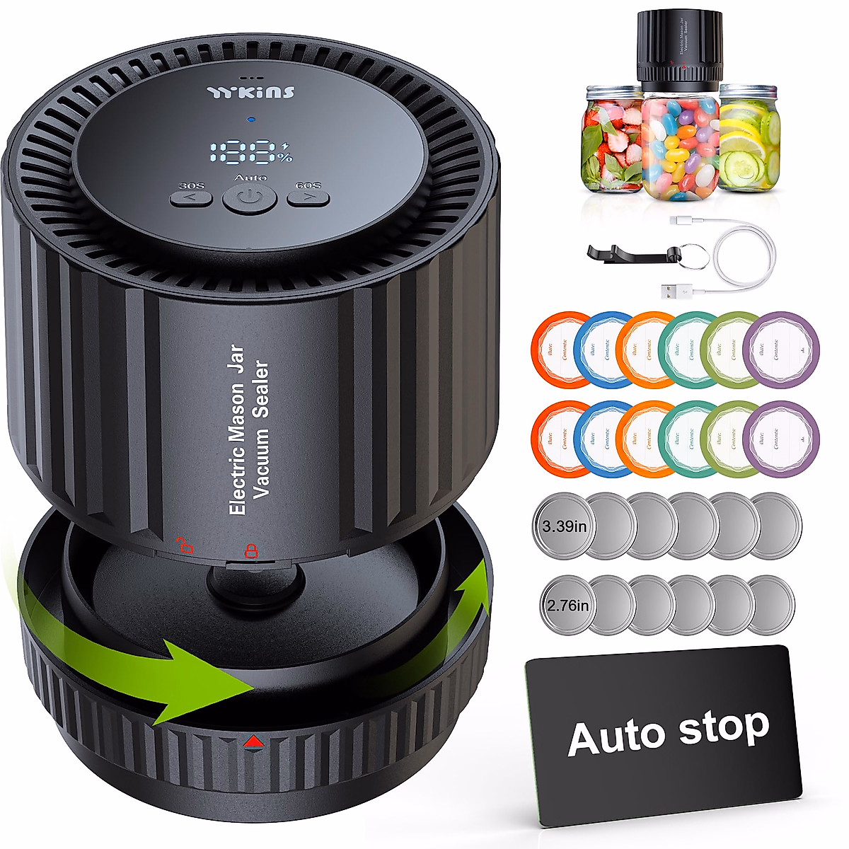 Electric Mason Jar Vacuum Sealer Kit, Portable Vacuum Sealer for Jars, Jar Sealer for Wide Mouth & Regular Mouth Mason Jar, Automatic Canning Sealer for Jars, Vacuum Sealer Mason Jar for Food Storage