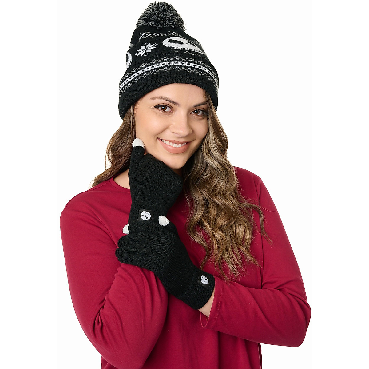 Disney Jack Skellington Womens Knit Beanie Hat and Texting Glove Set (Black)