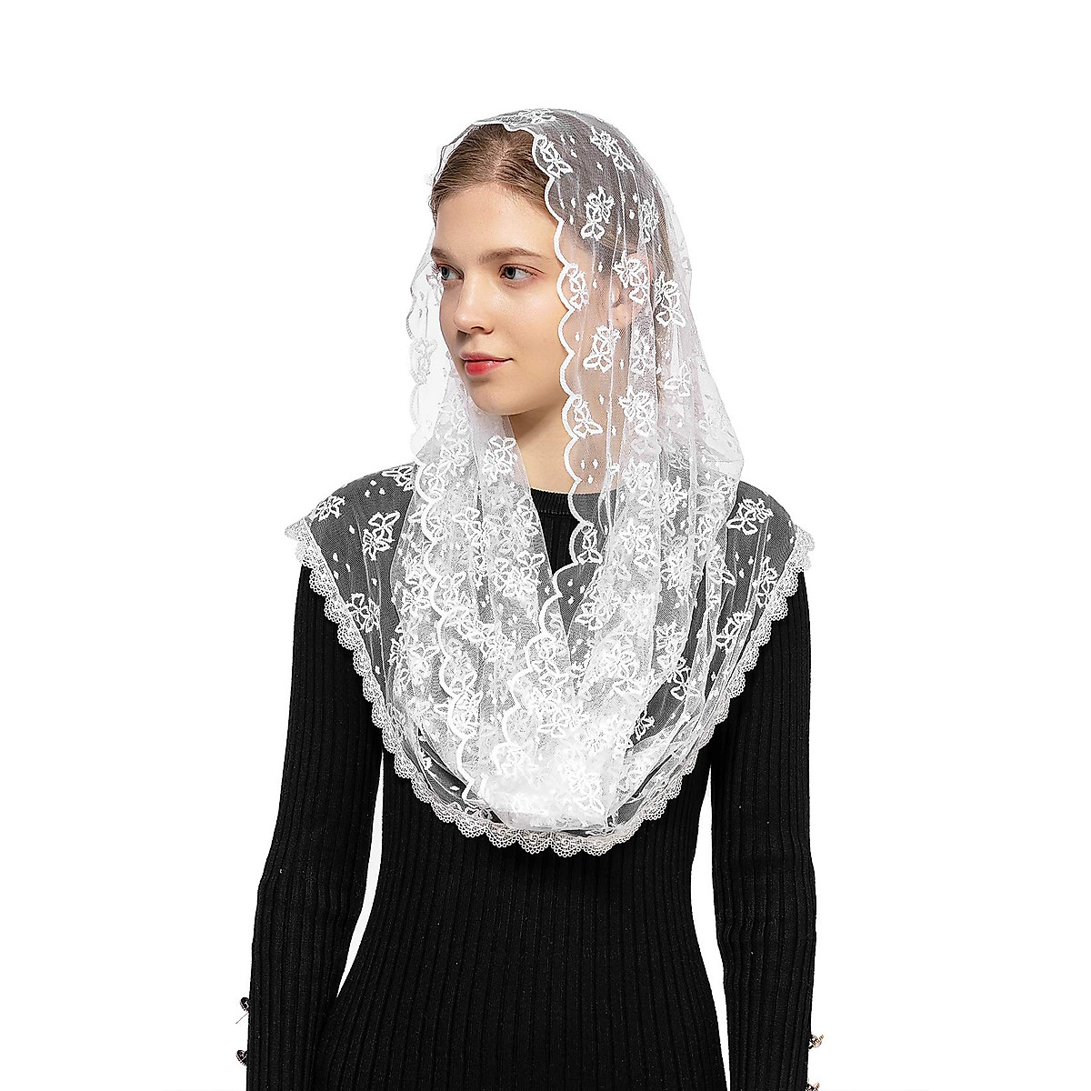 Wgior Embroidered Lace Chapel Veil Infinity Mantilla Veils Catholic Church veil Latin Mass Head Covering Scarf (White)